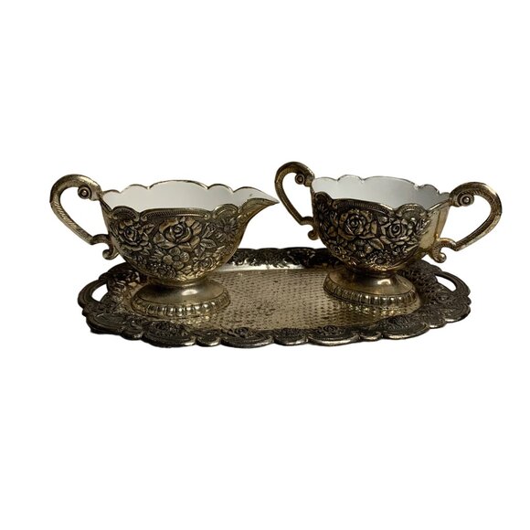 Kitchen | Vintage Silver Plated White Enamel Embossed Floral Creamer ...